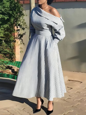 Elegant Gestreift Asymmetrisch Midikleid | De.stylewe